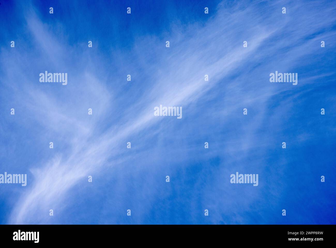 Cirrus clouds ruffled by the wind against a blue sky background ...