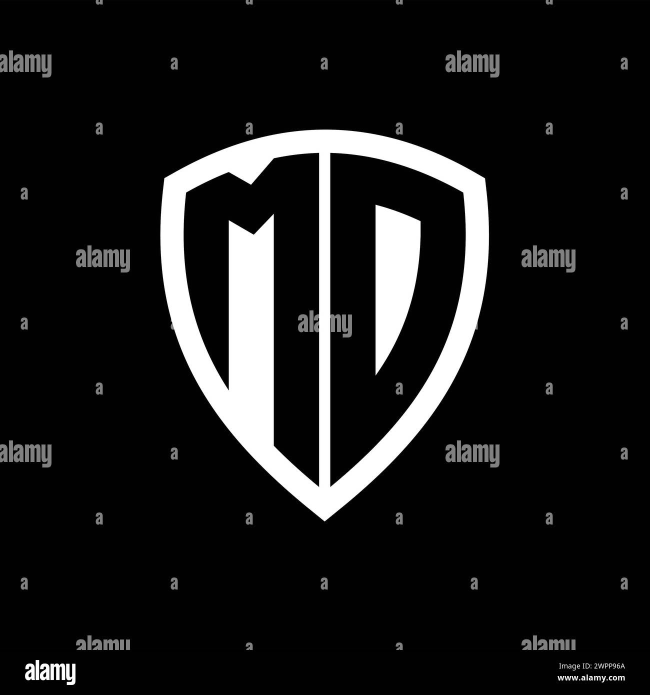 MD monogram logo with bold letters shield shape with black and white ...