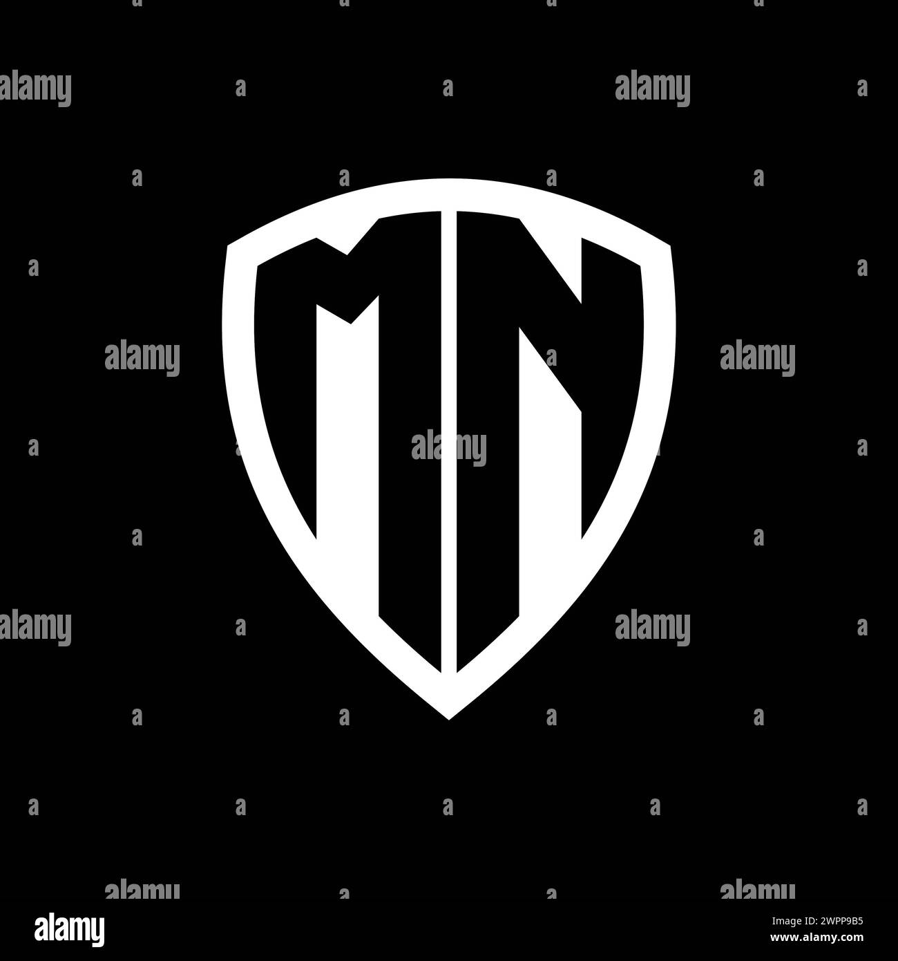 MN monogram logo with bold letters shield shape with black and white ...