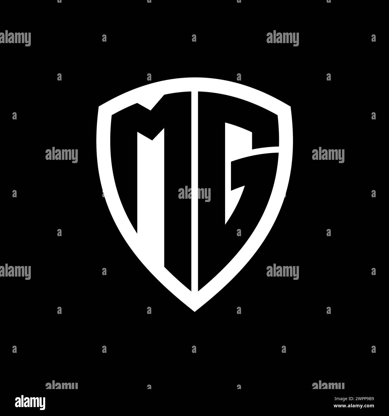 MG monogram logo with bold letters shield shape with black and white ...