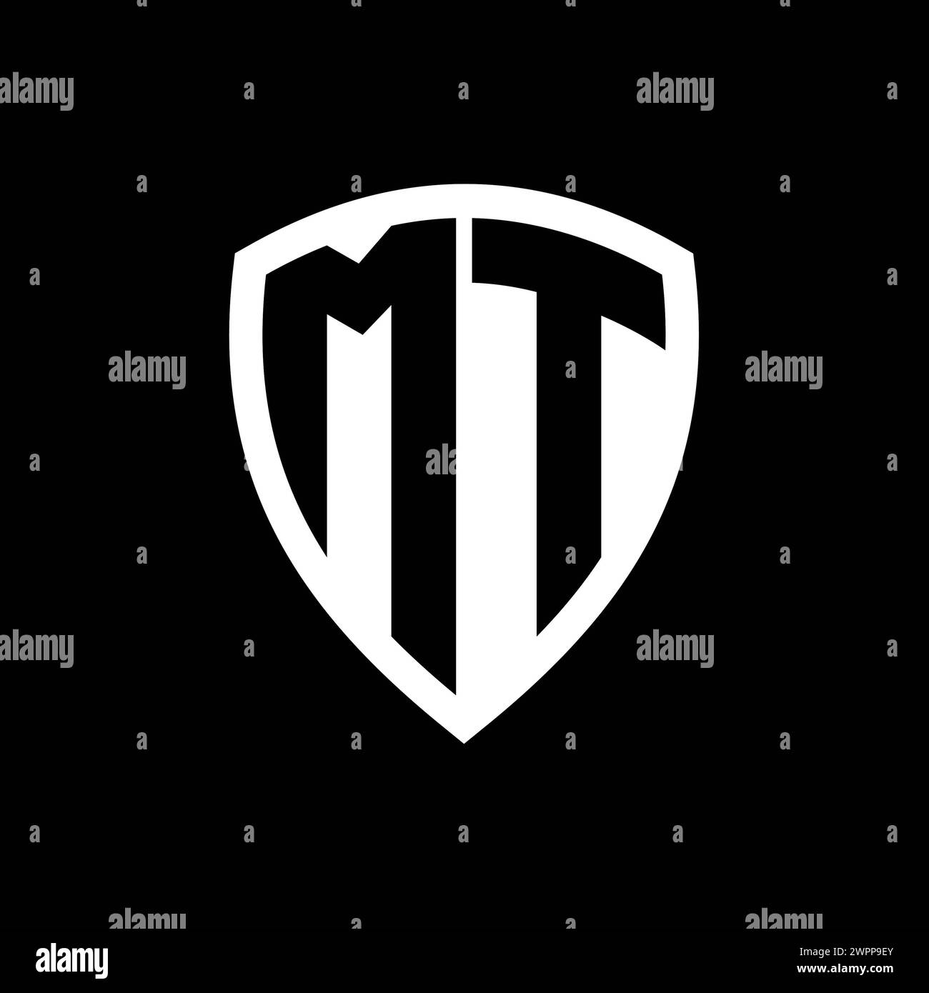 MT monogram logo with bold letters shield shape with black and white color design template Stock ...