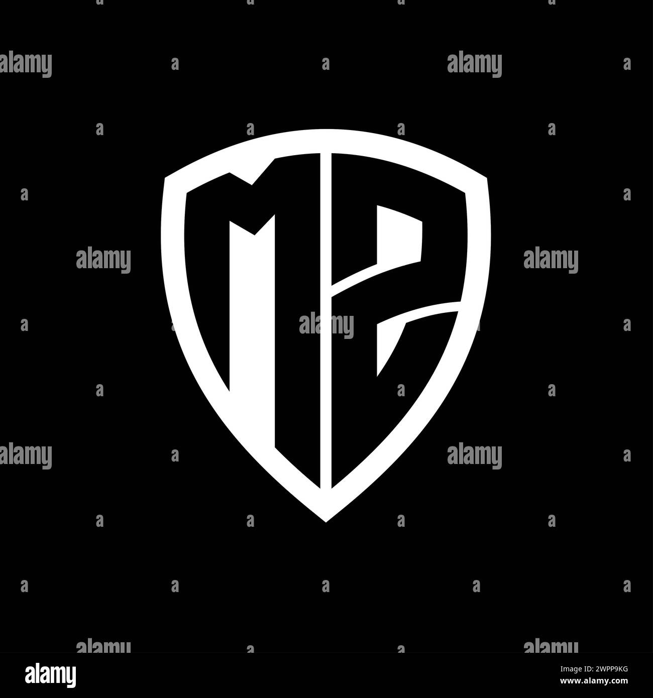 MZ monogram logo with bold letters shield shape with black and white color design template Stock ...