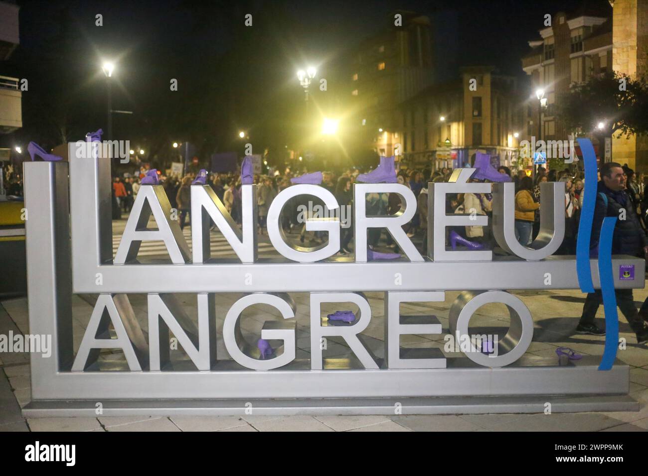 La Felguera, Spain, 08th March, 2024: Langreo letters while passing the ...
