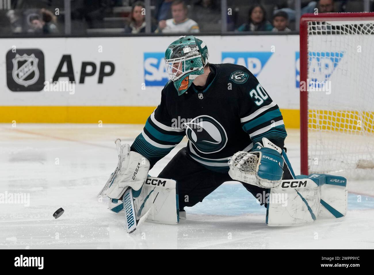 San Jose Sharks goaltender Magnus Chrona during an NHL hockey game ...