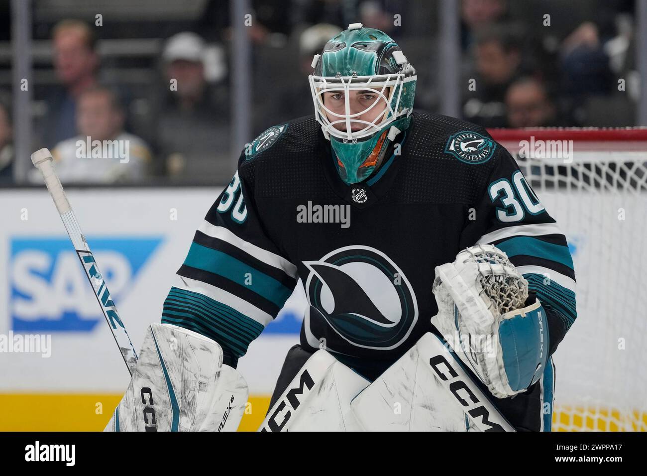 San Jose Sharks goaltender Magnus Chrona during an NHL hockey game ...