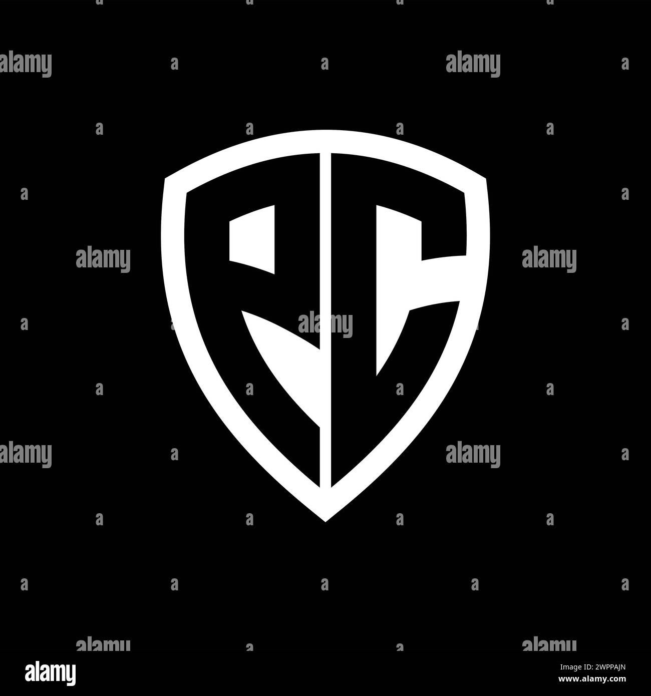 PC monogram logo with bold letters shield shape with black and white ...