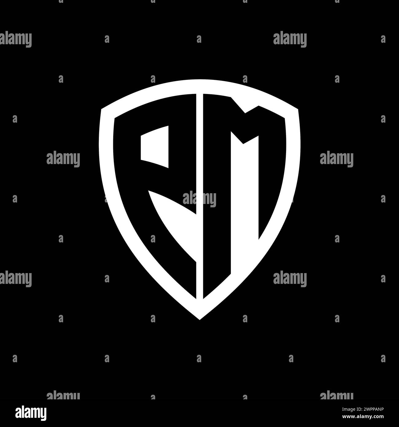 PM monogram logo with bold letters shield shape with black and white ...