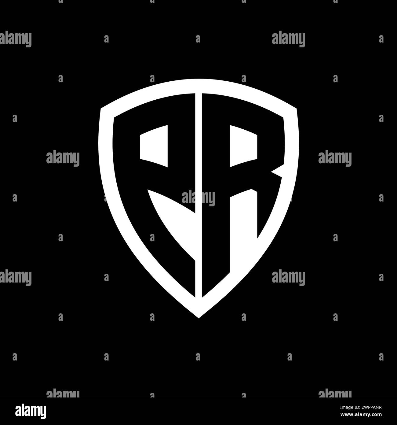 PR monogram logo with bold letters shield shape with black and white ...