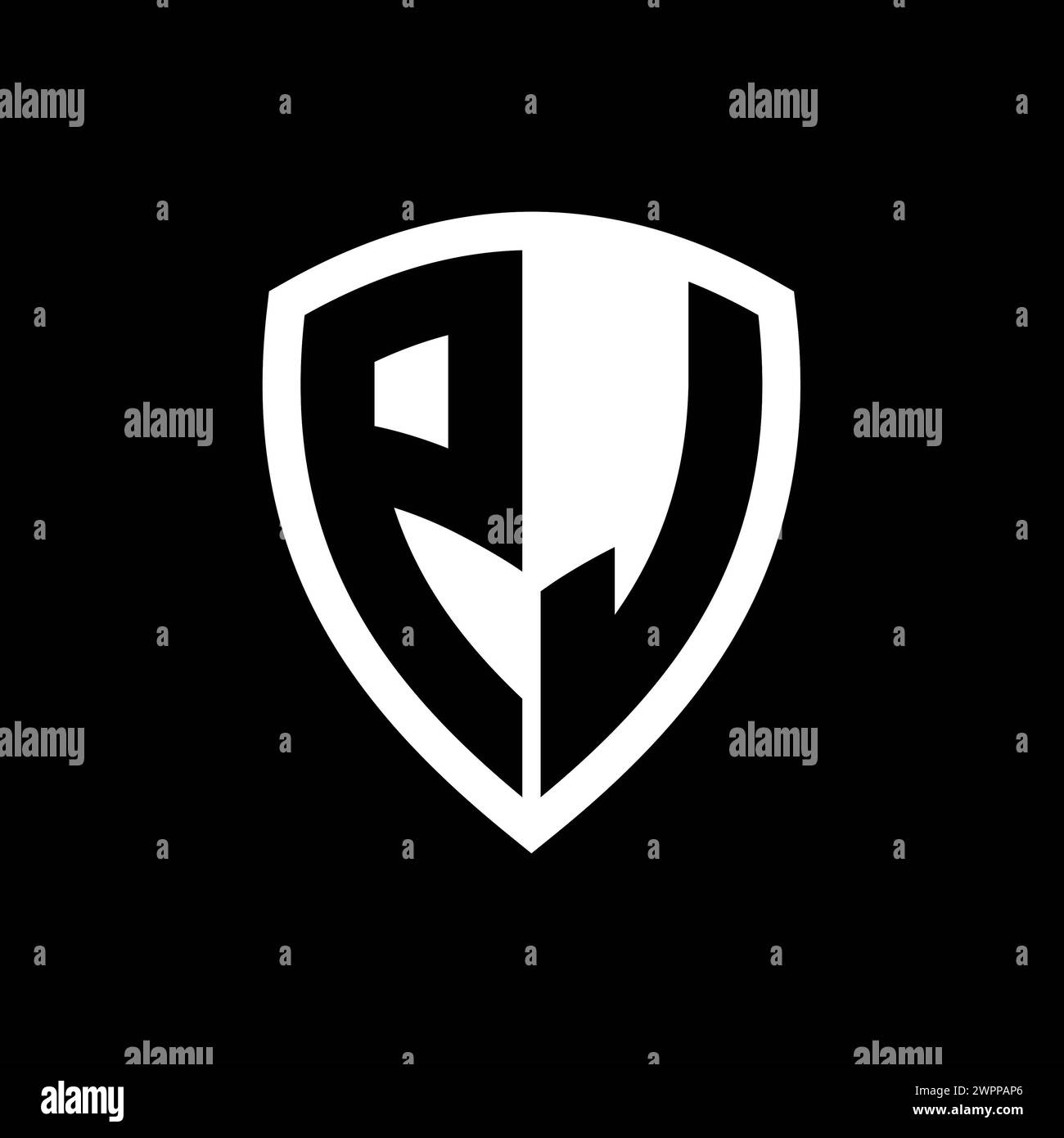 PJ monogram logo with bold letters shield shape with black and white ...