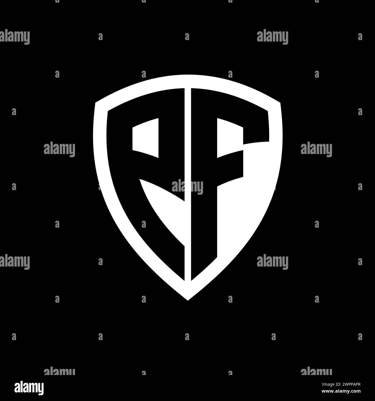 PF monogram logo with bold letters shield shape with black and white ...