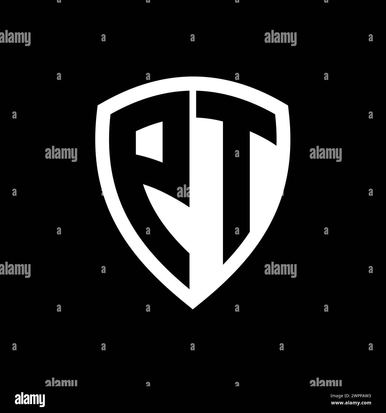 PT monogram logo with bold letters shield shape with black and white ...