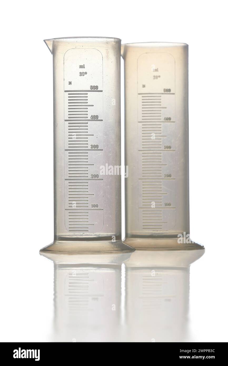 Laboratory glassware with reflections isolated over white background ...