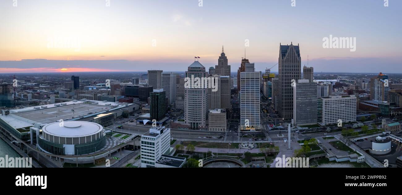 Aerial view of Detroit downtown under evening sunlight. Second biggest ...