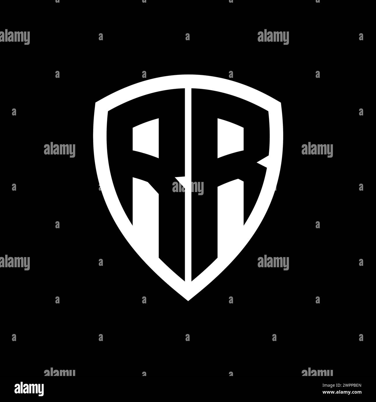 RR monogram logo with bold letters shield shape with black and white ...