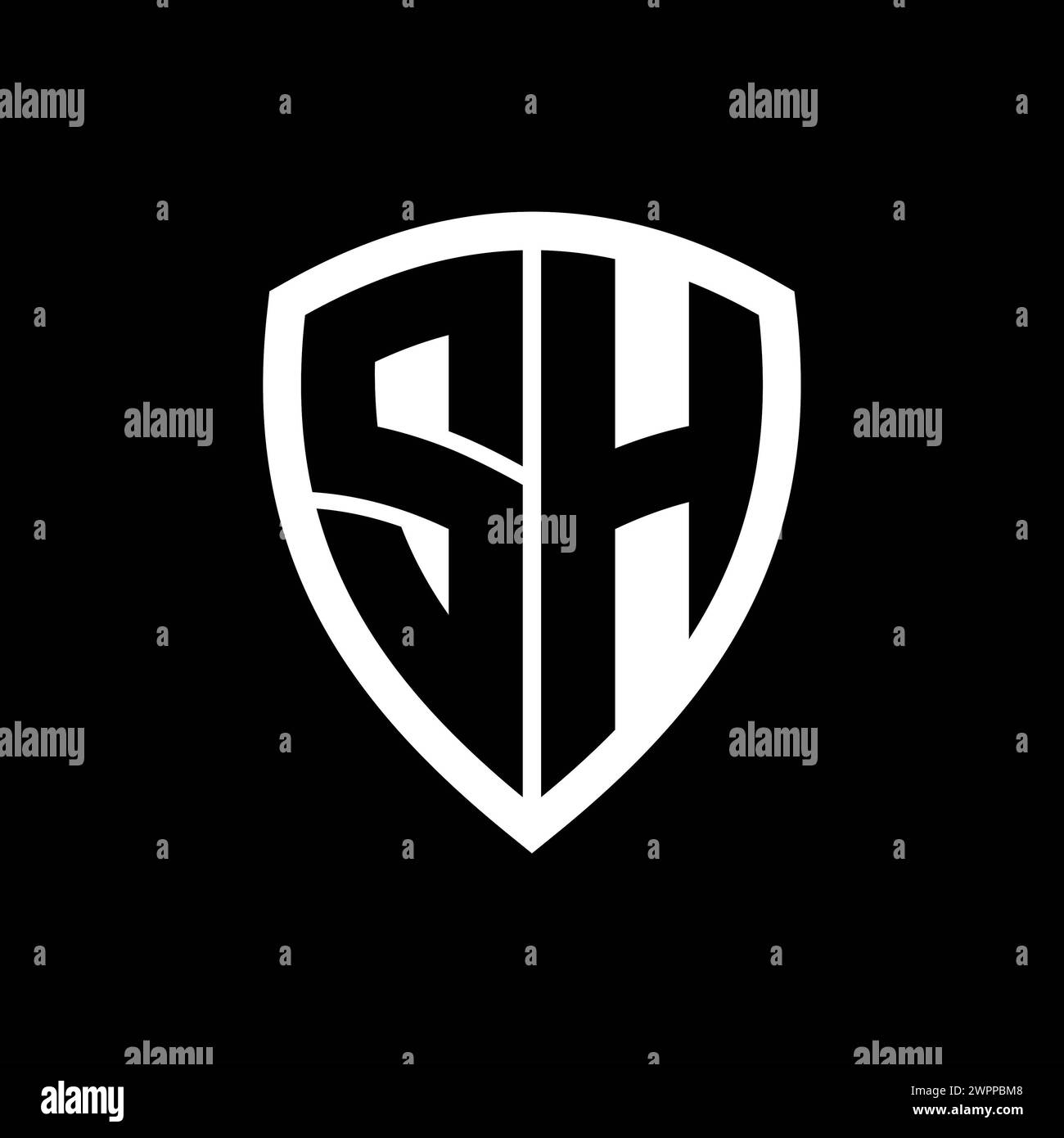 SH monogram logo with bold letters shield shape with black and white ...