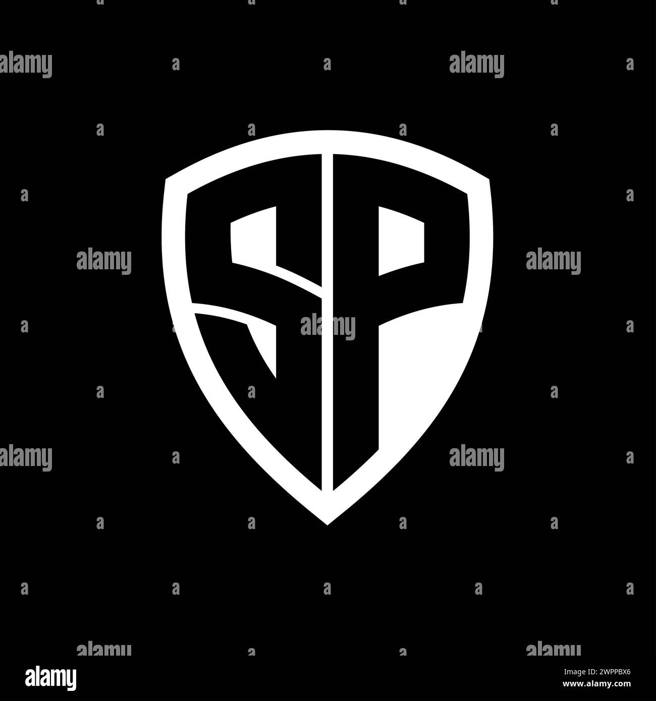 SP monogram logo with bold letters shield shape with black and white ...