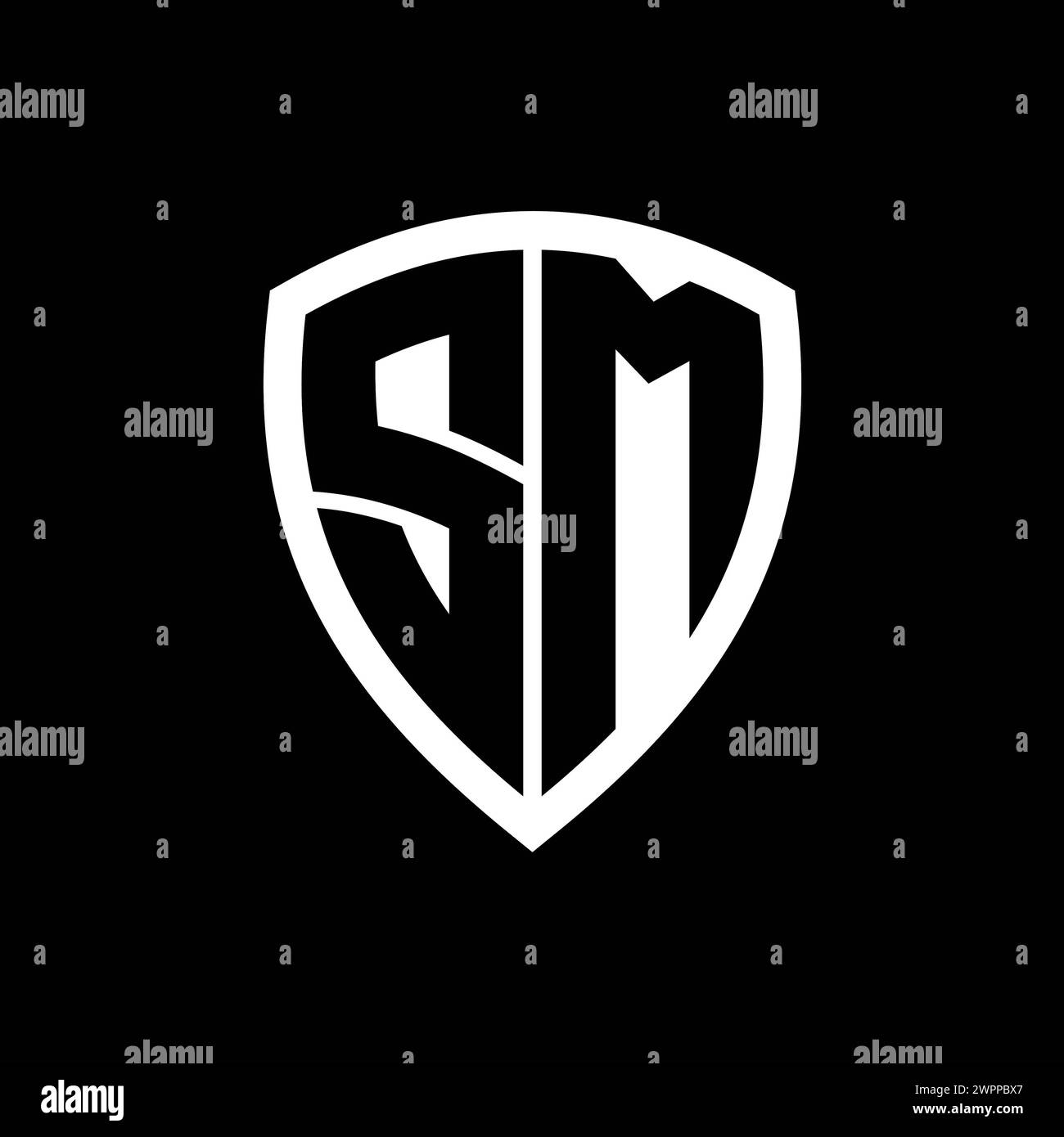 SM monogram logo with bold letters shield shape with black and white ...