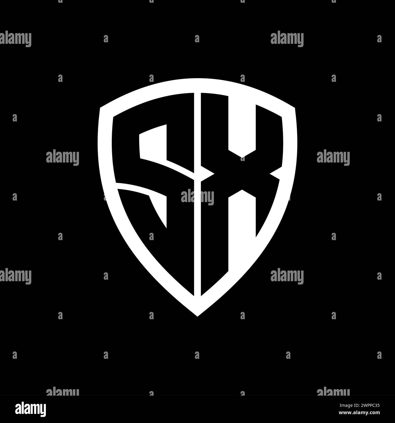 SX monogram logo with bold letters shield shape with black and white ...