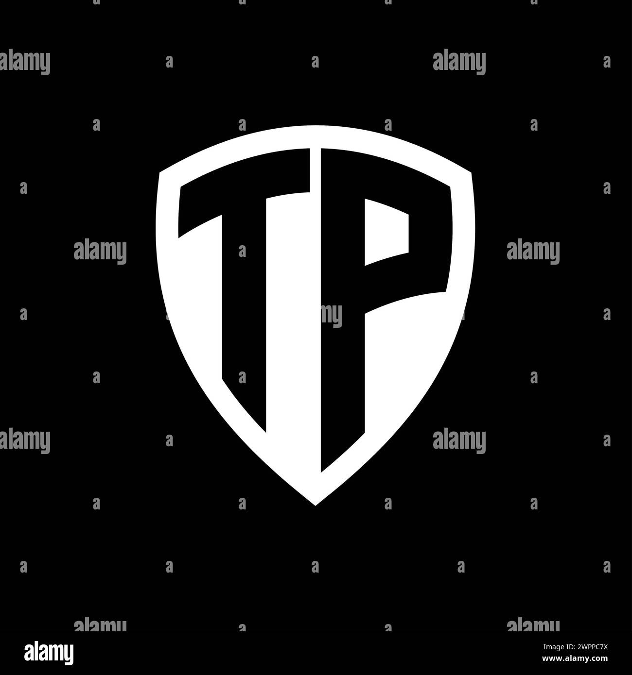 TP monogram logo with bold letters shield shape with black and white ...