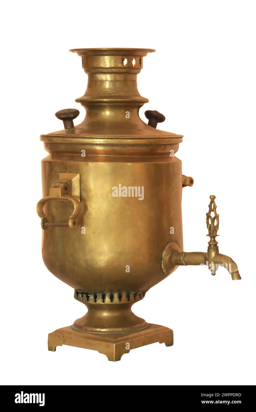 Old samovar isolated on a white background. brass. XIX century Stock ...
