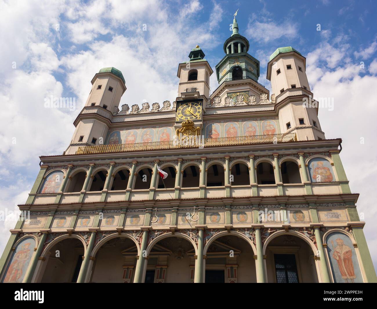 Famous town hall in Poznan, Poland with clock and tower, botton view ...