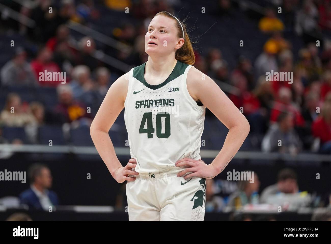 Michigan State guard Julia Ayrault walks down the court during the ...