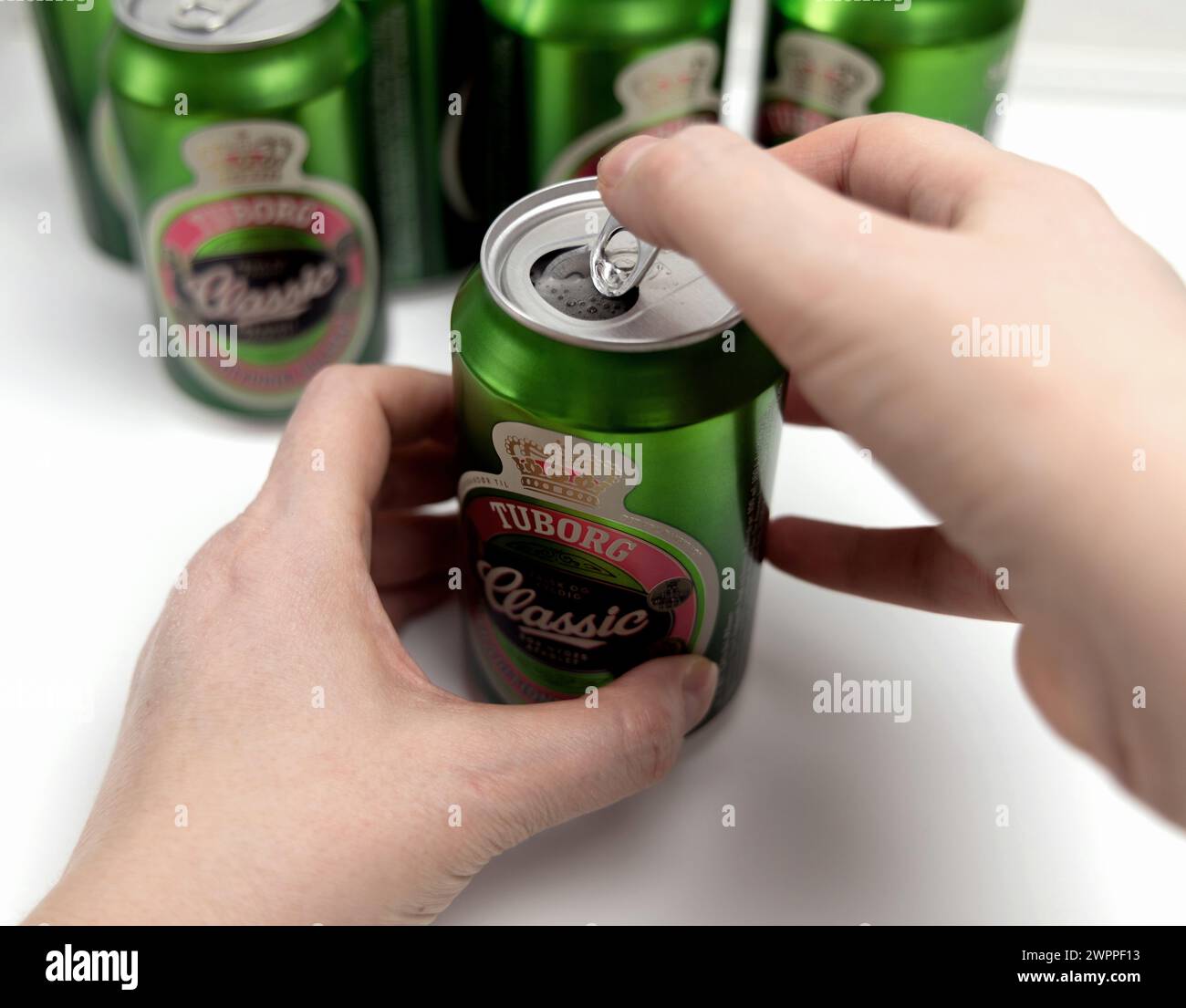 Danish beer in cans Tuborg Classic. The most popular beer Stock Photo ...