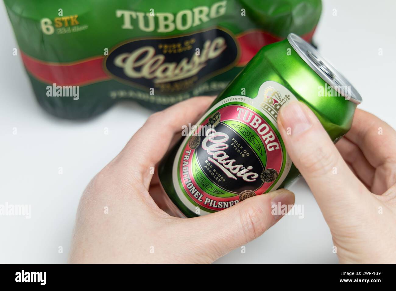 Danish beer in cans Tuborg Classic. The most popular beer Stock Photo ...