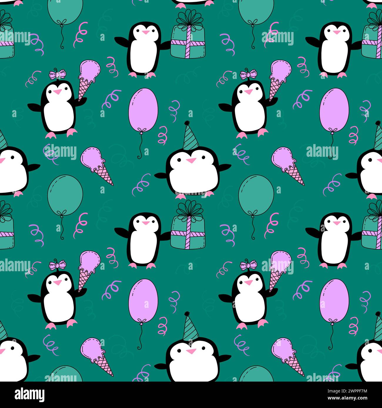 Birthday party animals seamless penguin pattern for wrapping paper and ...