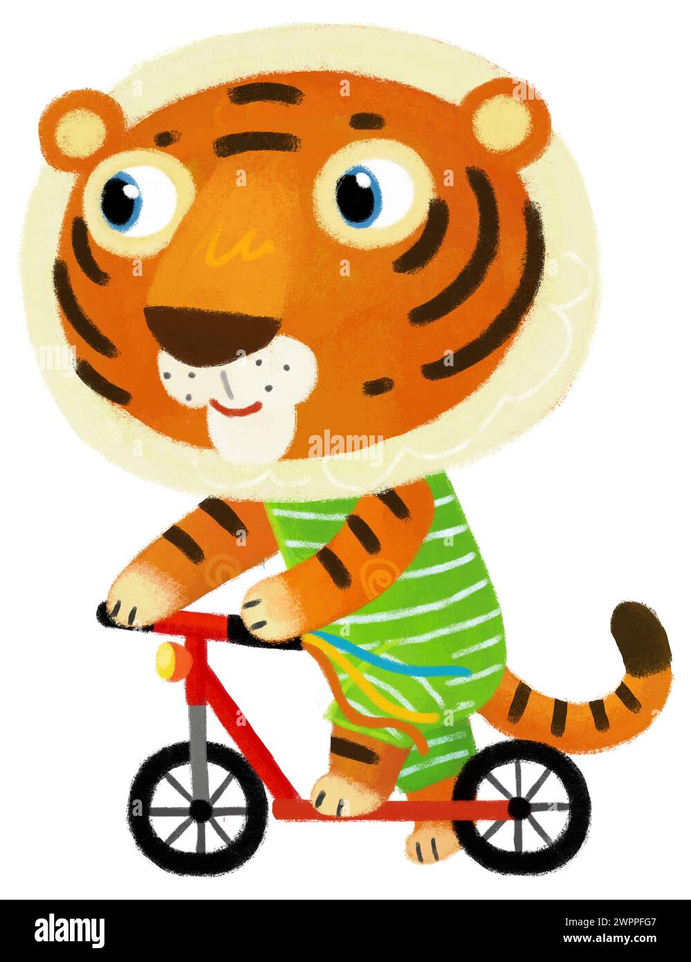 cartoon scene with happy little boy tiger cat having fun riding scooter ...