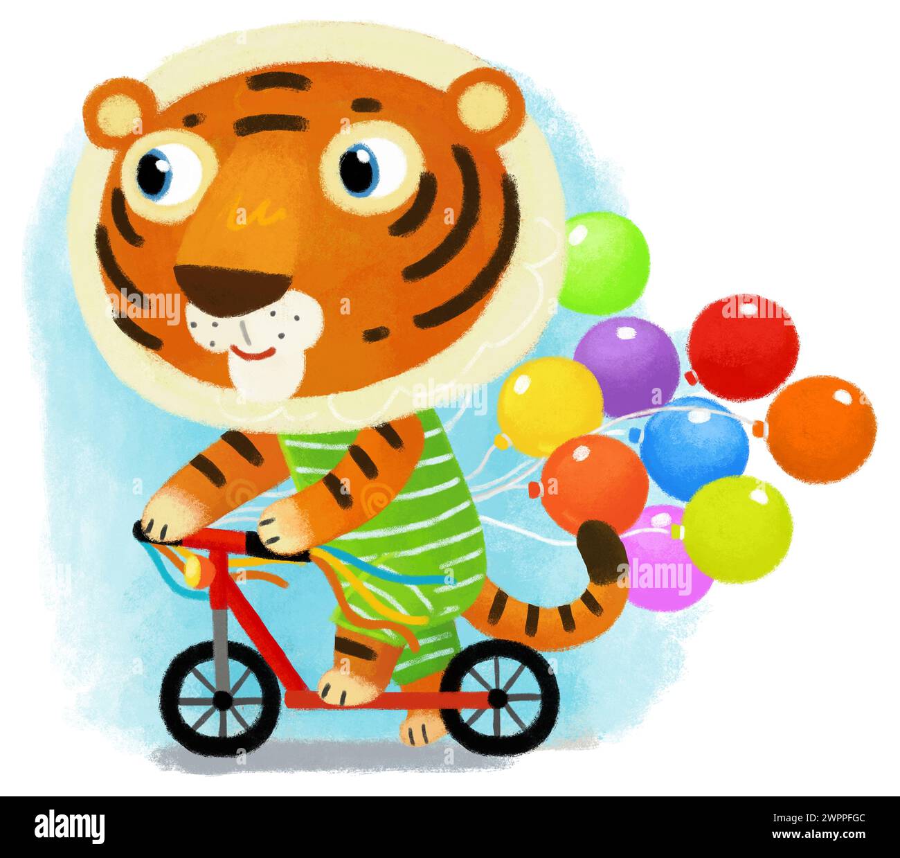 cartoon scene with happy little boy tiger cat having fun riding scooter ...