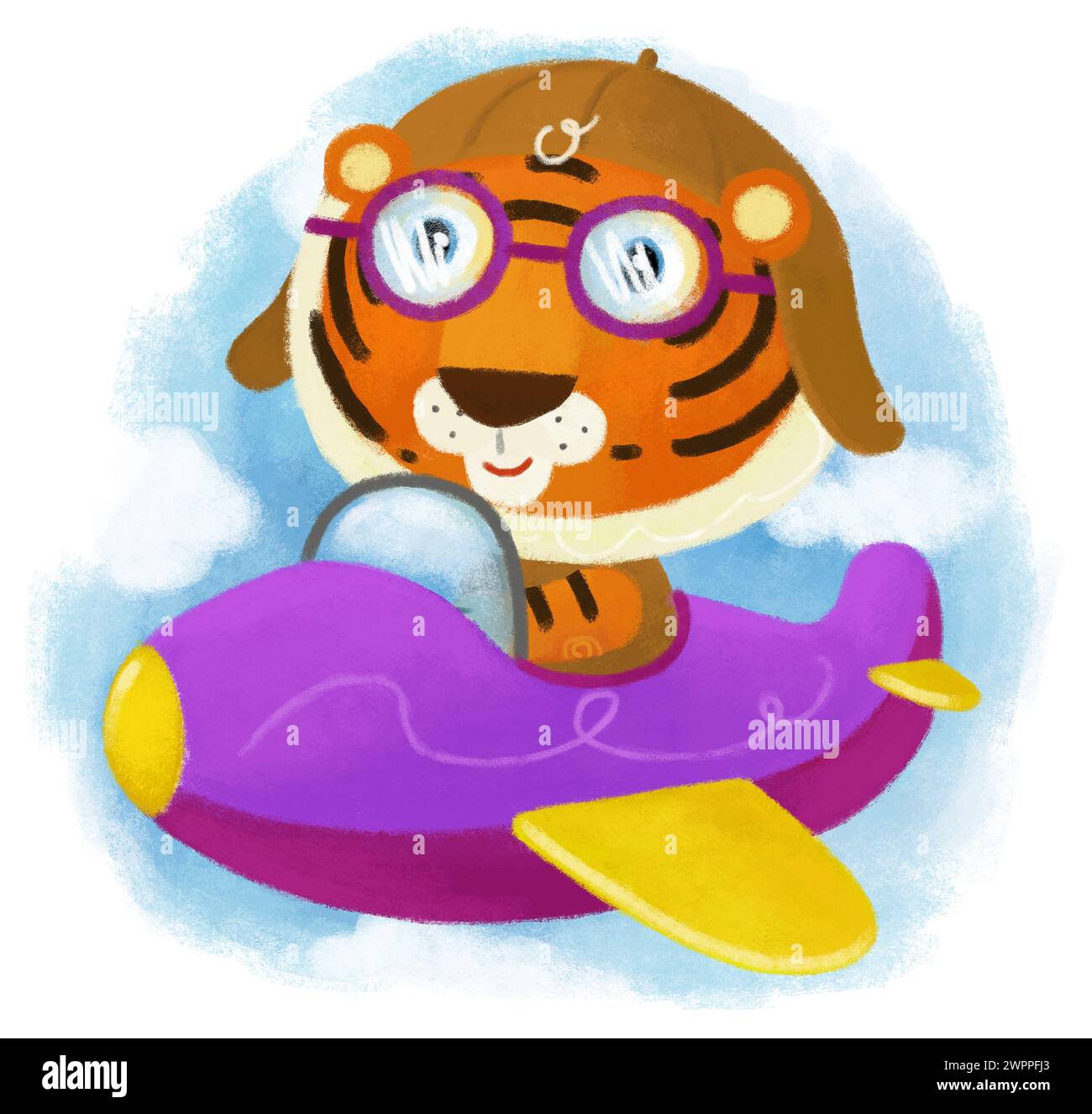 cartoon scene with happy little boy tiger cat pilot having fun flying ...