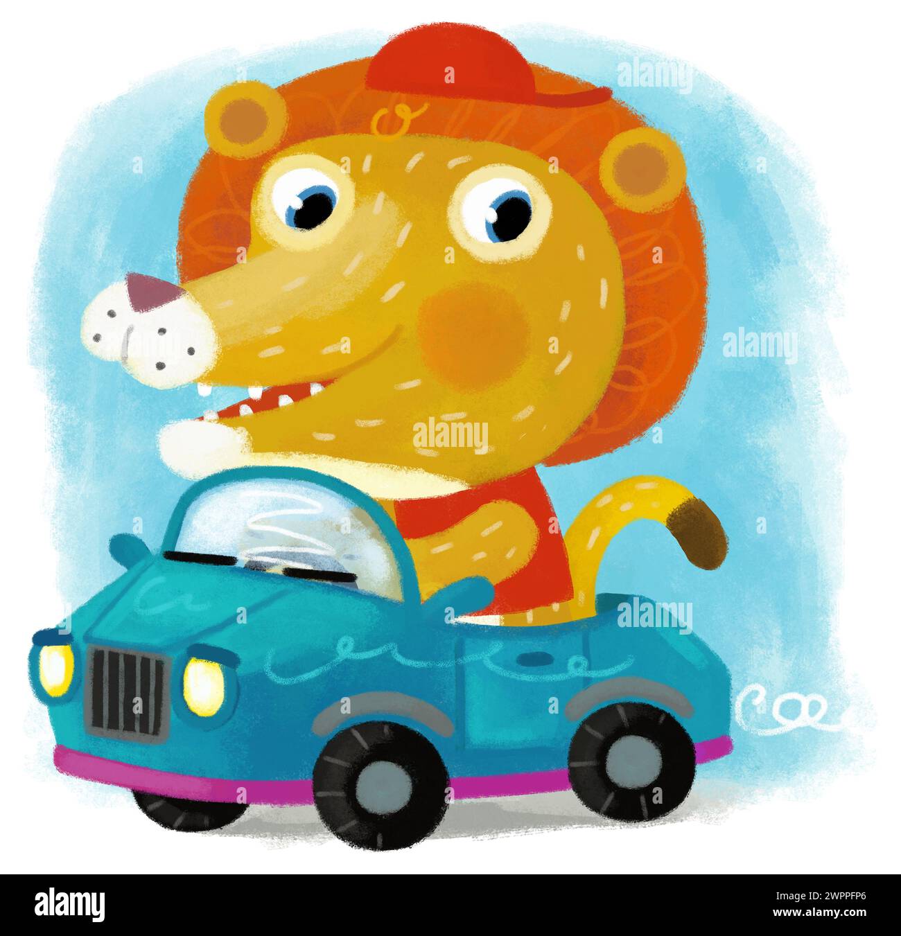 cartoon scene with happy little boy lion cat having fun driving car ...