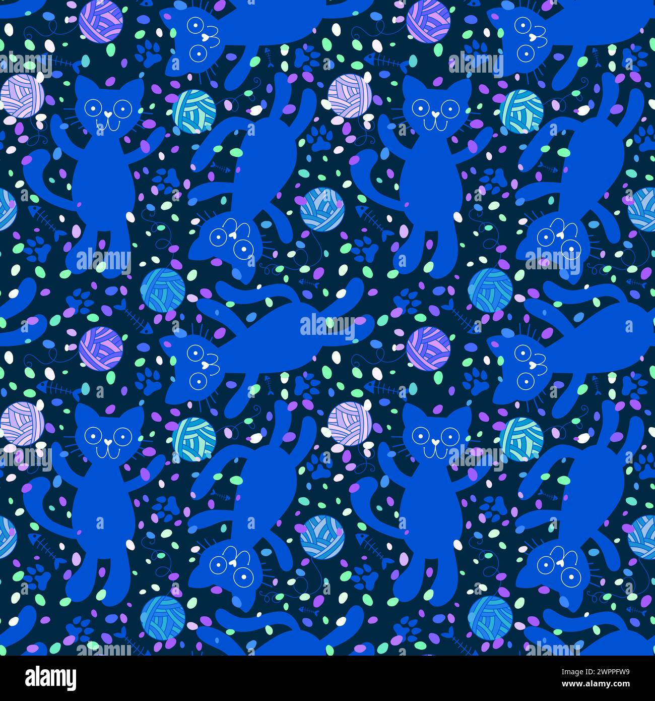 Cartoon animals accessories seamless cats and ball of threads and fish ...