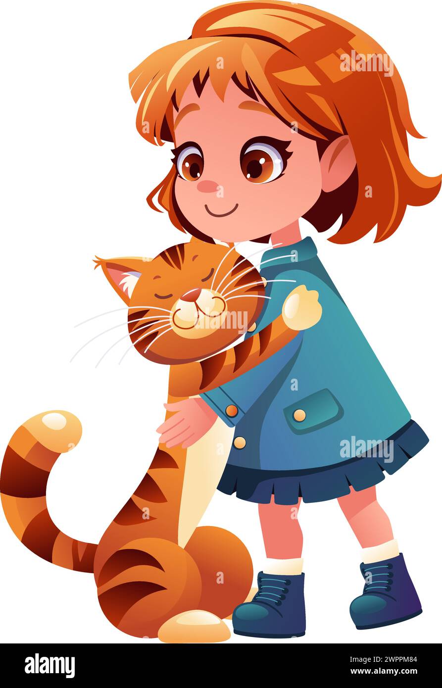 Smiling cute girl kid hugging happy big ginger tabby cat. Cartoon flat vector isolated ...