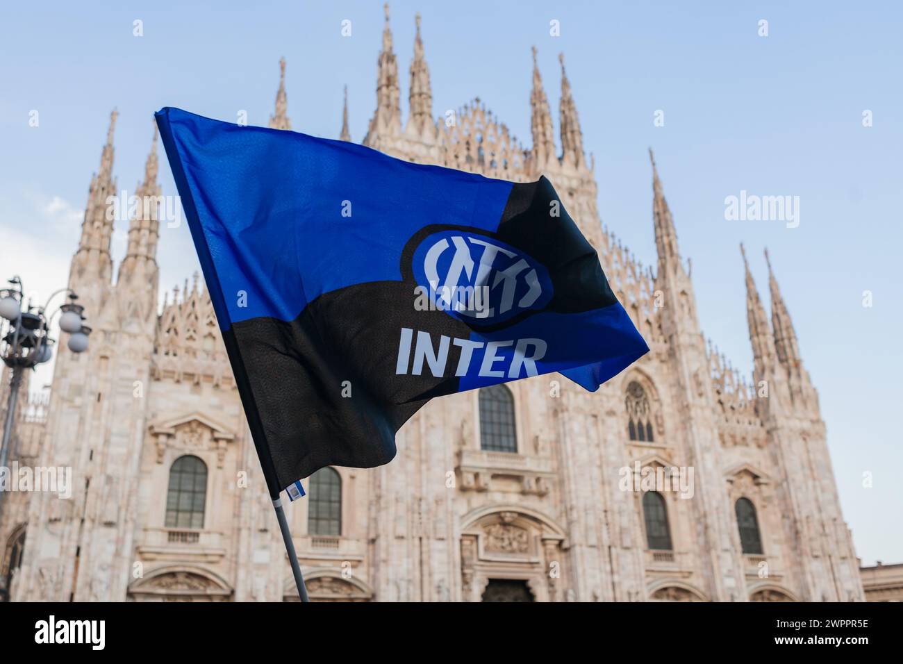 Milan, Italy 2024: Fans in support of F.C. International. Inter flag ...