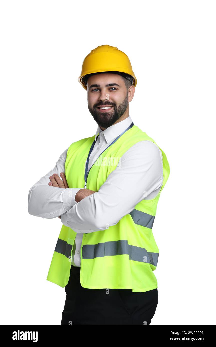 Engineer in hard hat on white background Stock Photo - Alamy
