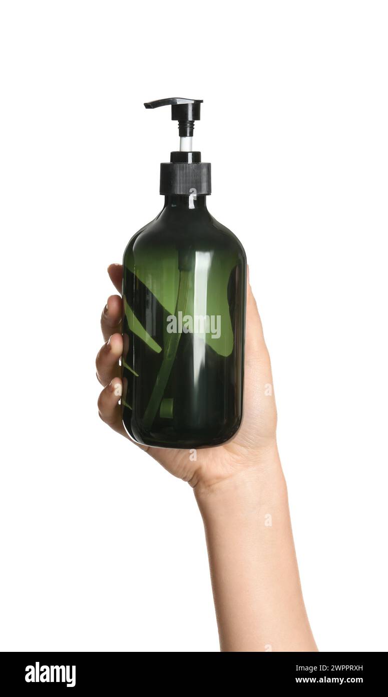 Woman holding reusable plastic dispenser on white background, closeup ...