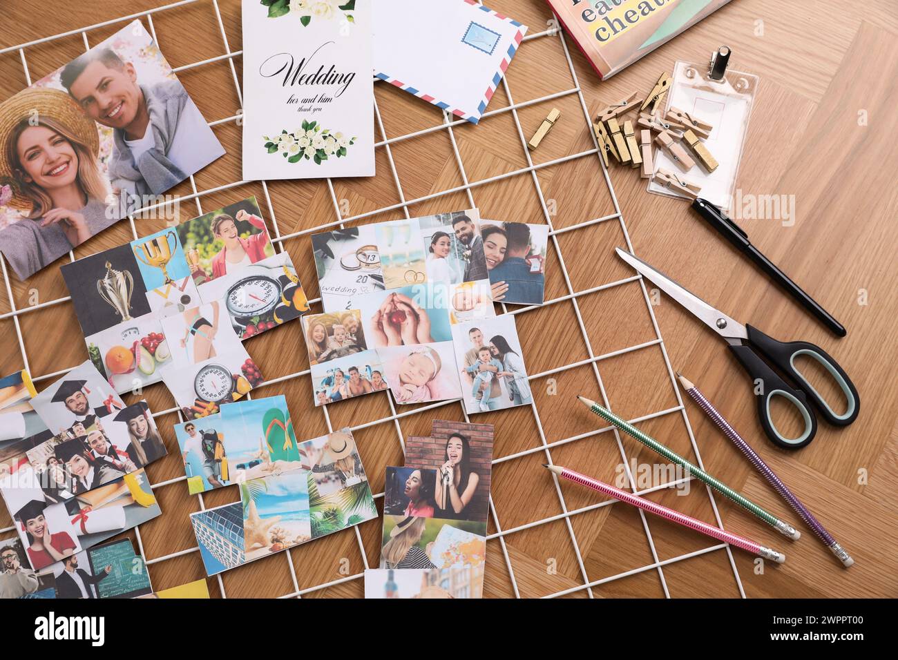 Flat lay composition with different photos, stationery and metal grid ...
