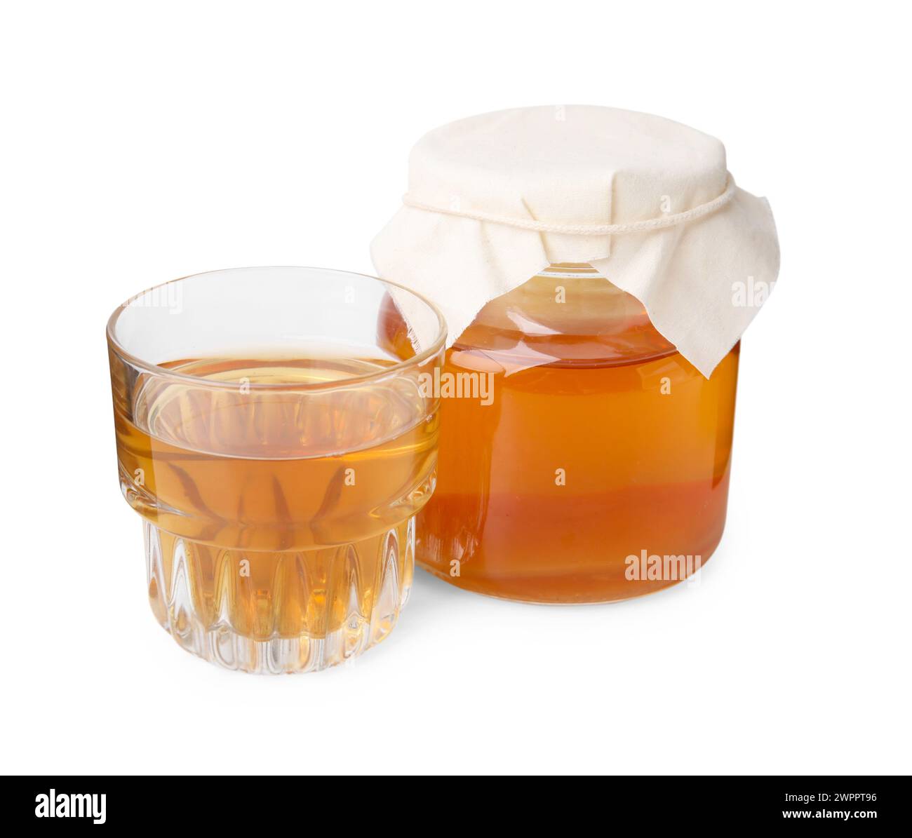 Tasty kombucha in jar and glass isolated on white Stock Photo - Alamy