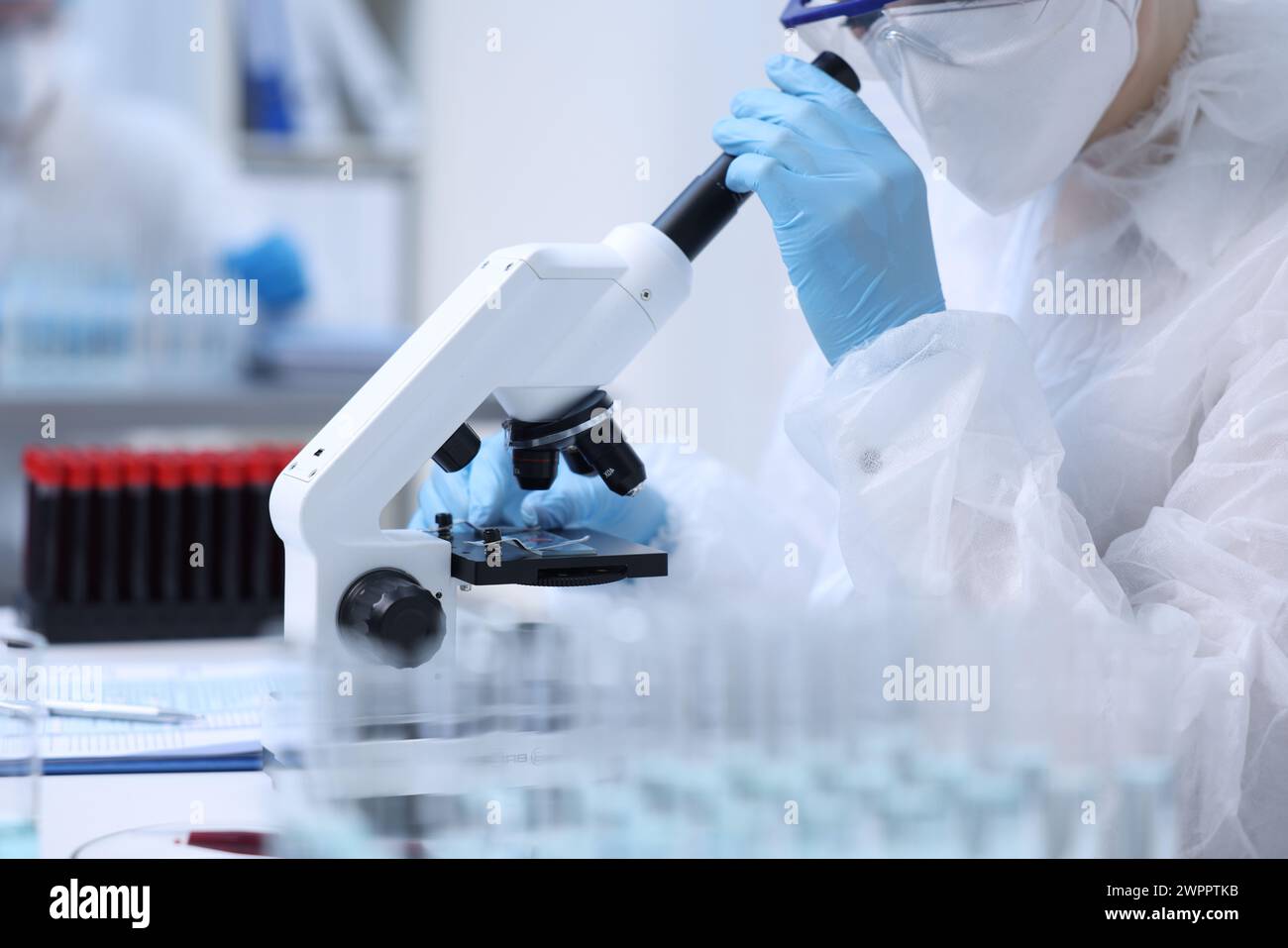Scientist working with samples and microscope in laboratory, closeup ...