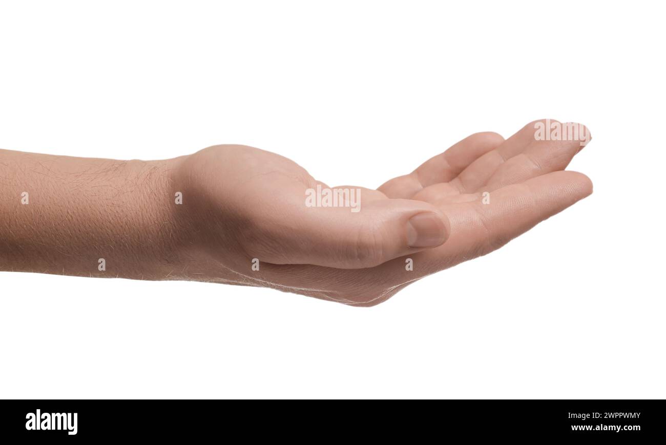 Man holding something in hand on white background, closeup Stock Photo ...