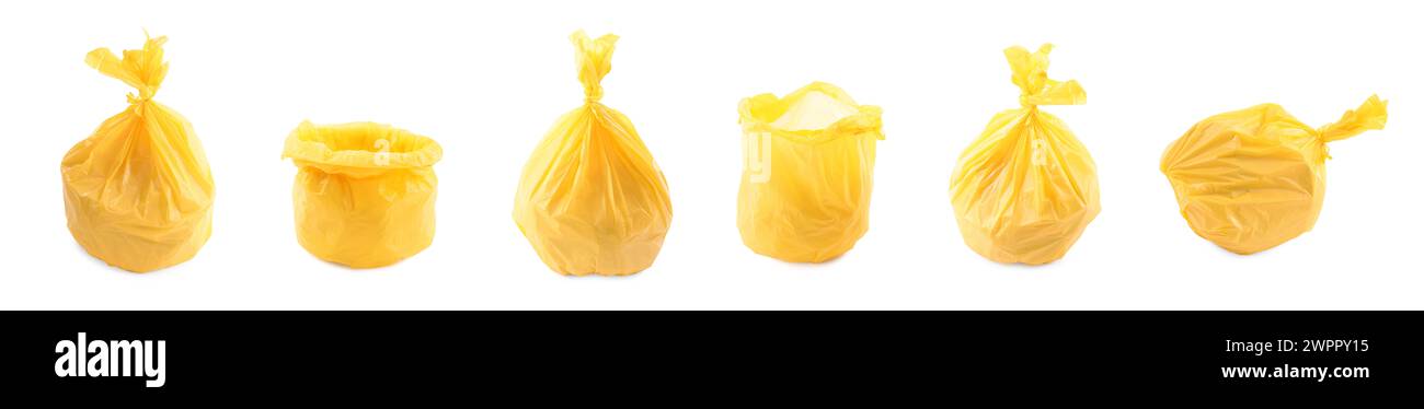 Yellow plastic garbage bags isolated on white, set Stock Photo - Alamy