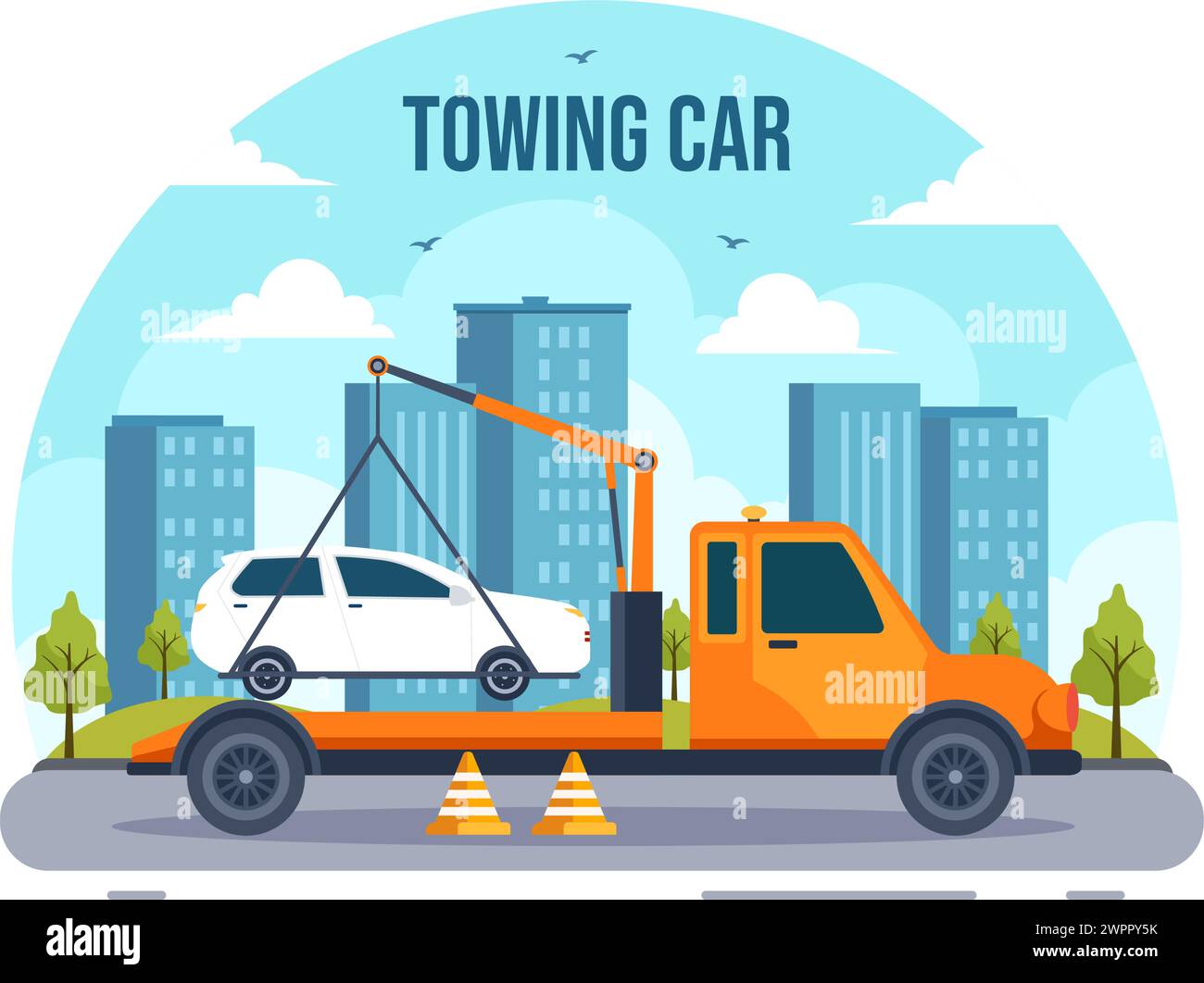 Auto Towing Car Vector Illustration Using a Truck with Roadside ...