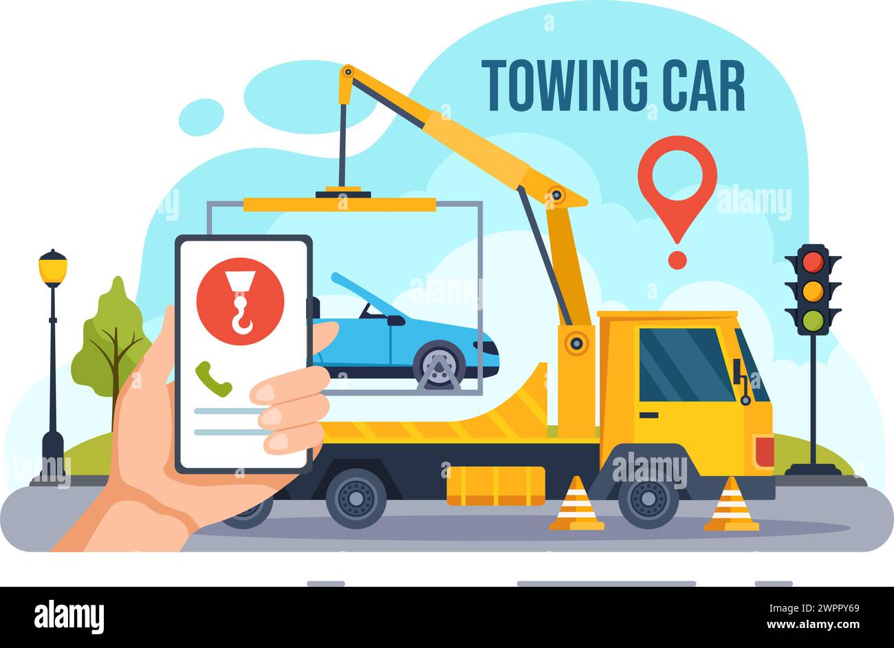Auto Towing Car Vector Illustration Using a Truck with Roadside ...