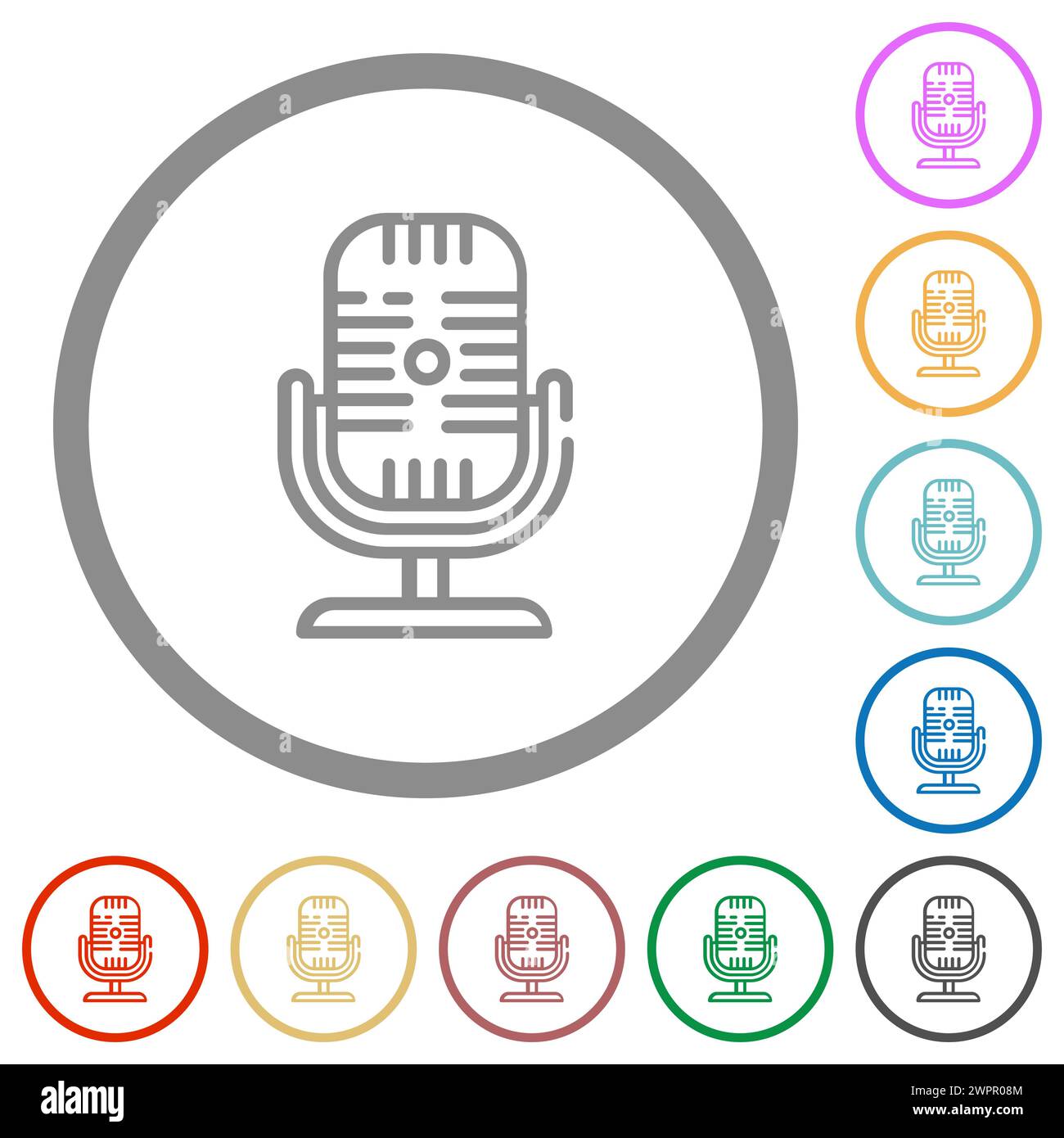 Microphone on stand outline flat color icons in round outlines on white ...