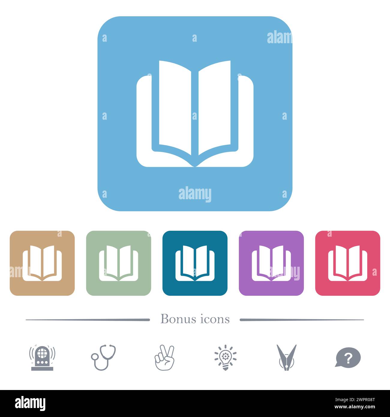 Open book solid white flat icons on color rounded square backgrounds. 6 ...