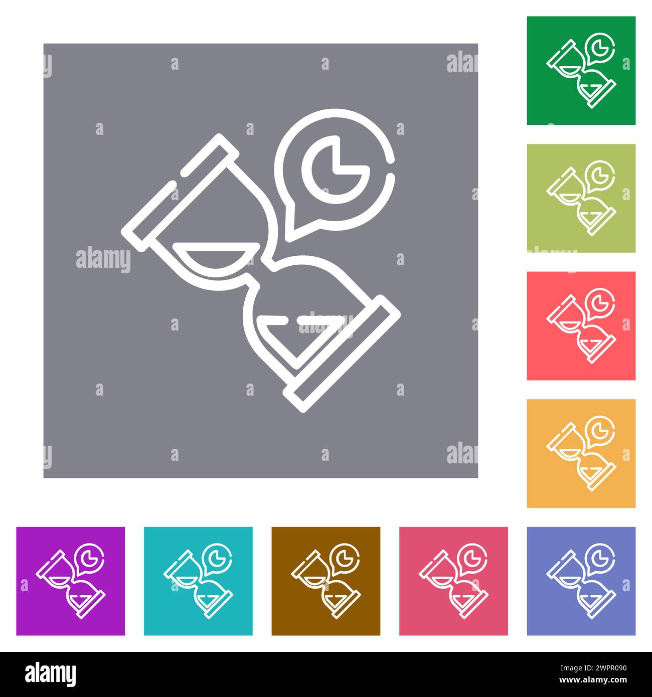Hourglass timer outline flat icons on simple color square backgrounds ...