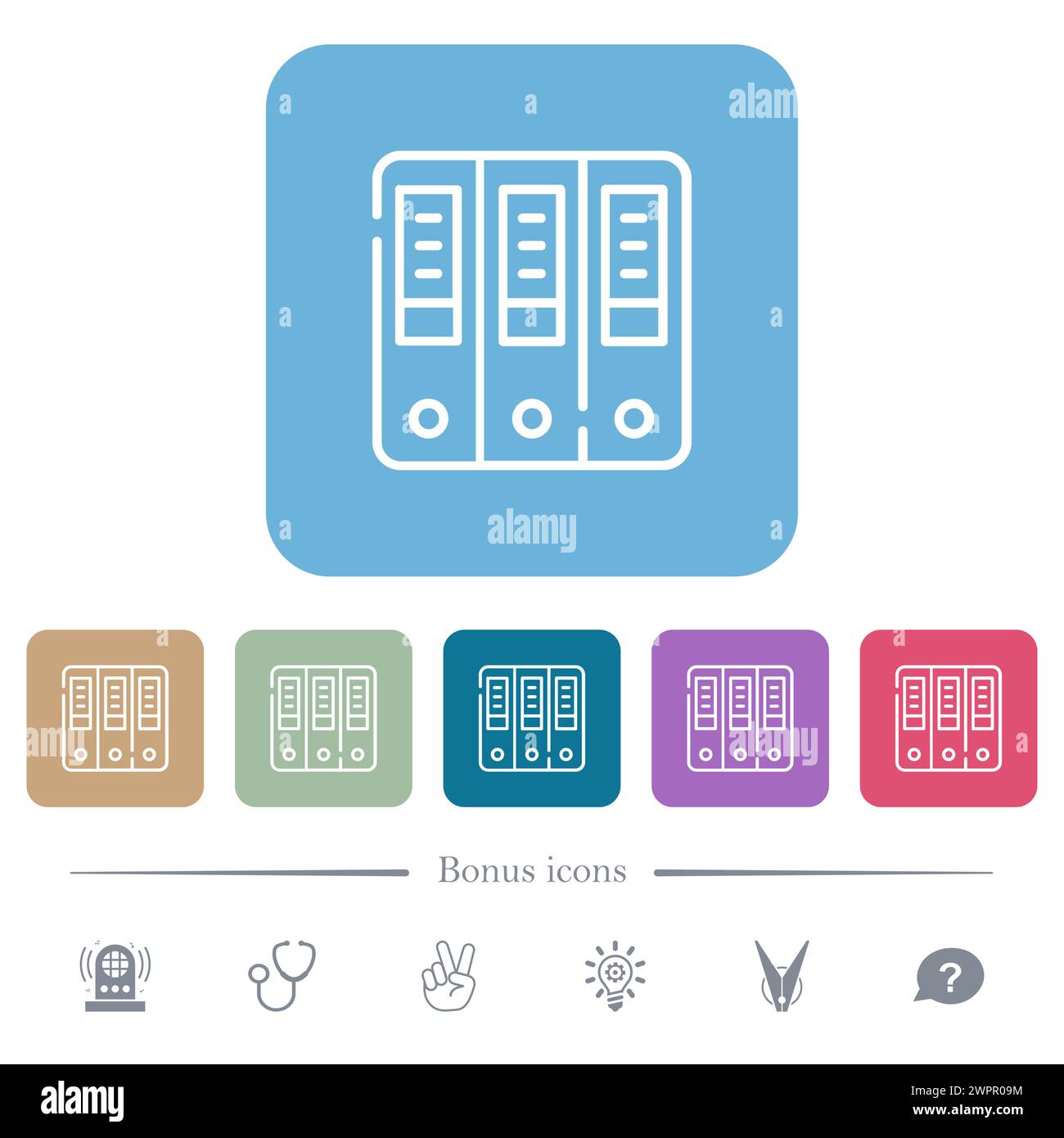 Binders outline white flat icons on color rounded square backgrounds. 6 ...