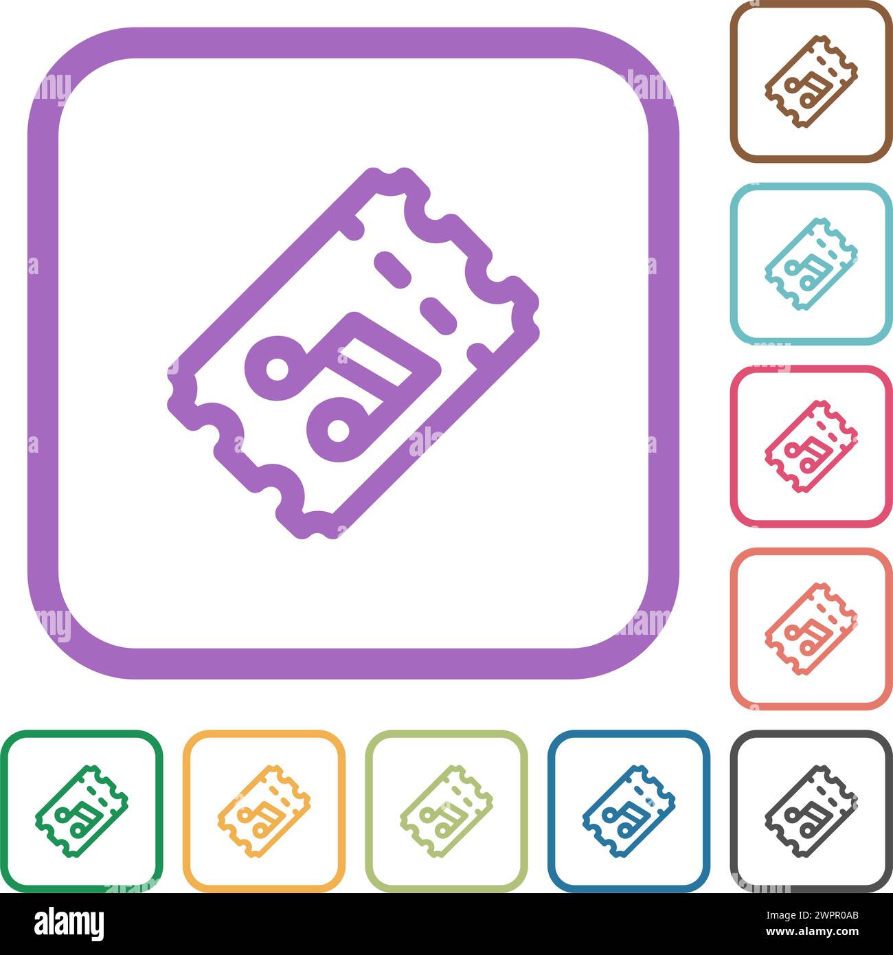 Concert ticket outline simple icons in color rounded square frames on ...